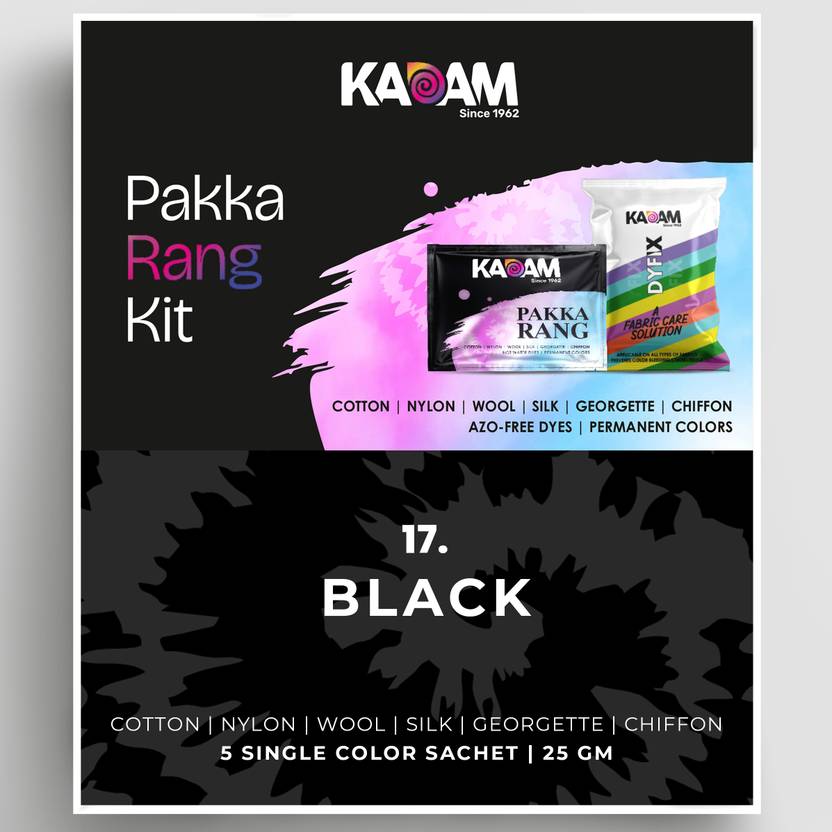 KADAM Pakka Rang Permanent Fabric Dye Colour | Shade No.17: Black | 25g ...