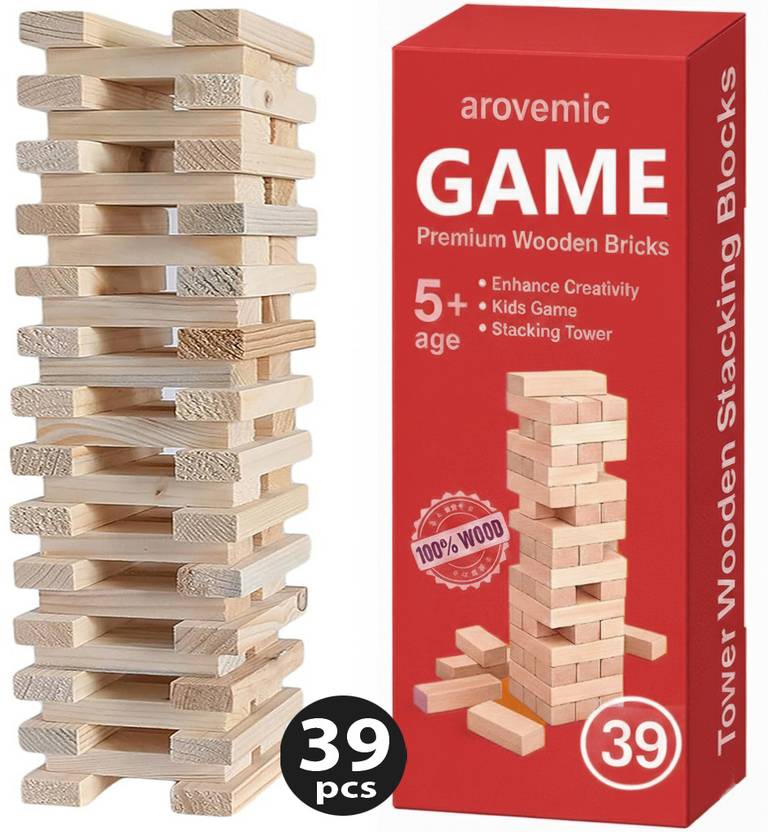 arovemic Wooden Stacking Tower Indoor Party Game - Jenga Game 39 Blocks ...