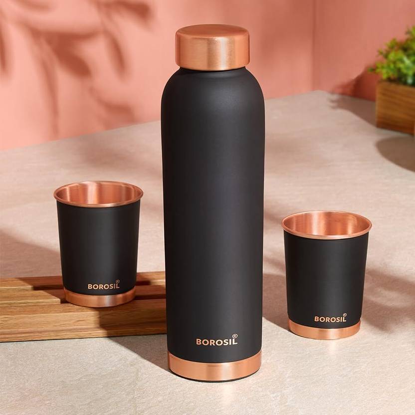 BOROSIL Eco 1000ml Copper Bottle with Glass Set (250ml x 2), 100% Pure ...