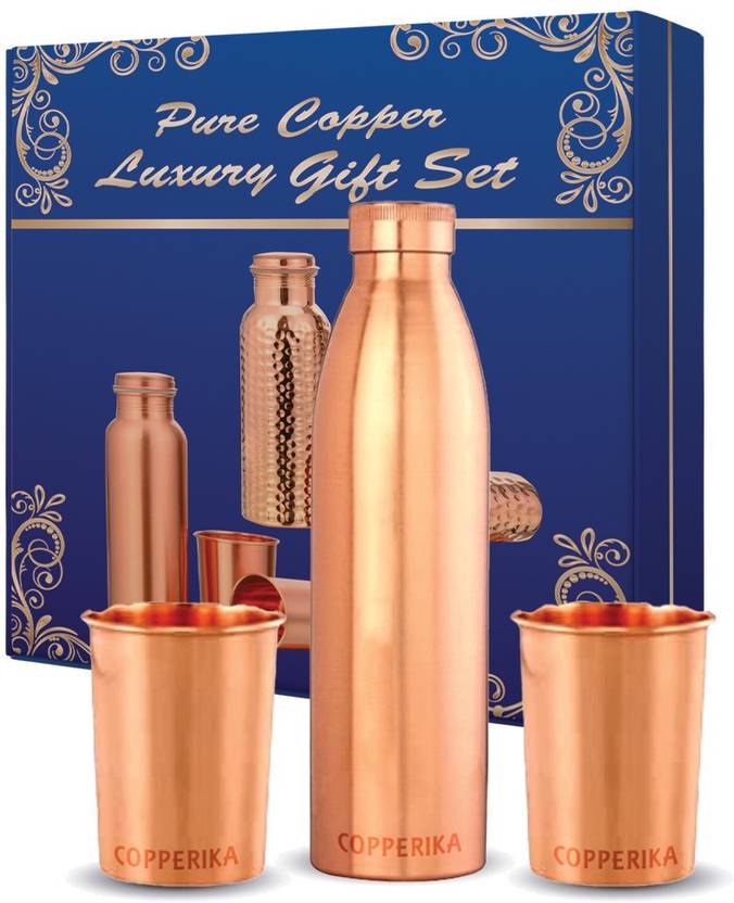 Copperika Diwali Gift Set Classic Copper Water Bottle With 2 Glass Original With Ayurvedic 1550 ...