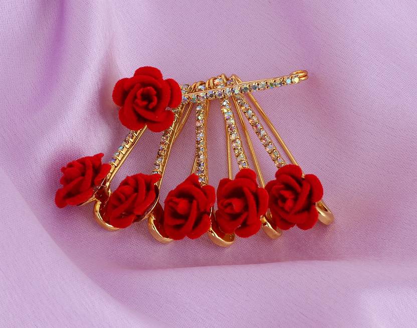 Vama Red Rose Stone Safety Saree Step Pins Pleats Pallu Lehanga Saree