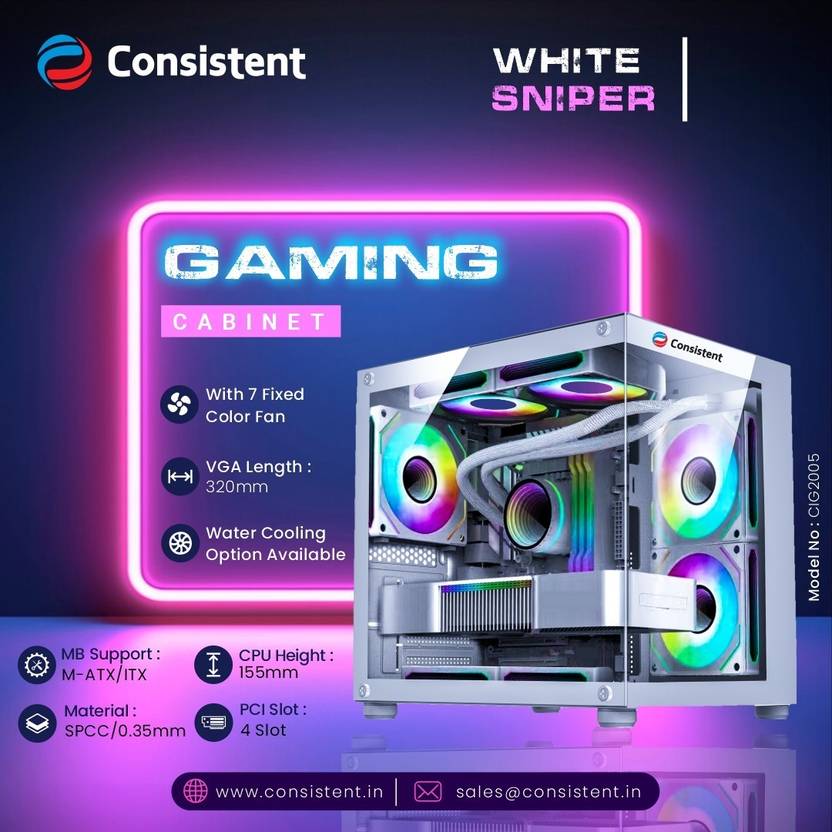 Consistent White Sniper Computer Gaming Cabinet With fixed 7 color fan CIG2005 FULL TOWER ...