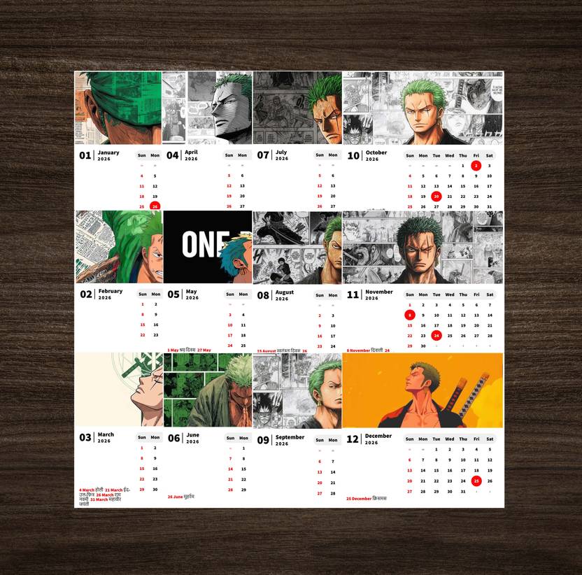 SKINADDA Wano Arc Zoro Printed on premium 400 GSM paper Calendar 2026 ...