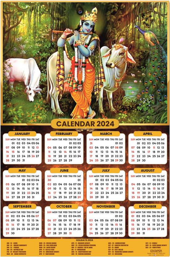 ESCAPER Cow Theme Lord Krishna Calendar 2024 for office & home 2024 ...