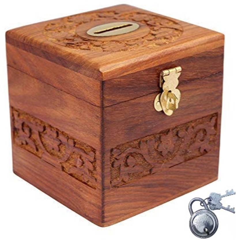 Zenzi Square Carving Money Bank for Kids, Wooden Piggy Bank with Lock ... Zenzi Square Carving Money Bank for Kids, Wooden Piggy Bank with Lock ...