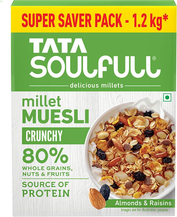 Tata Soulfull Millet Muesli, Crunchy, 80% Wholegrains, High Protein ...