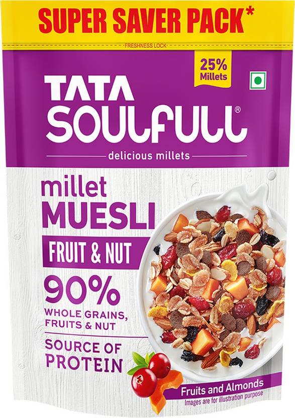 Tata Soulfull Millet Muesli, Fruit & Nut, 90% Whole Grains, High ...