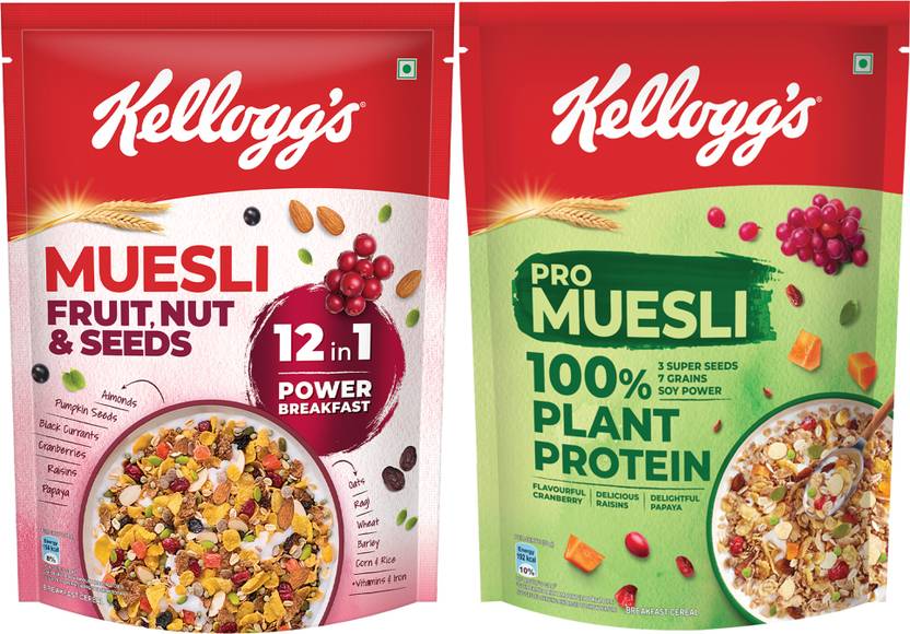 Kellogg's Muesli Fruit, Nut & seeds 500g + Pro Muesli with 100% Plant Protein 500g Bag Price in ...