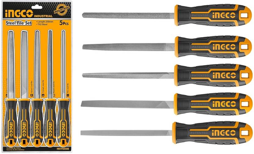 INGCO Steel File Set, 8“/200mm, T12 Steel, 5 Pcs Hand Metal Files ...