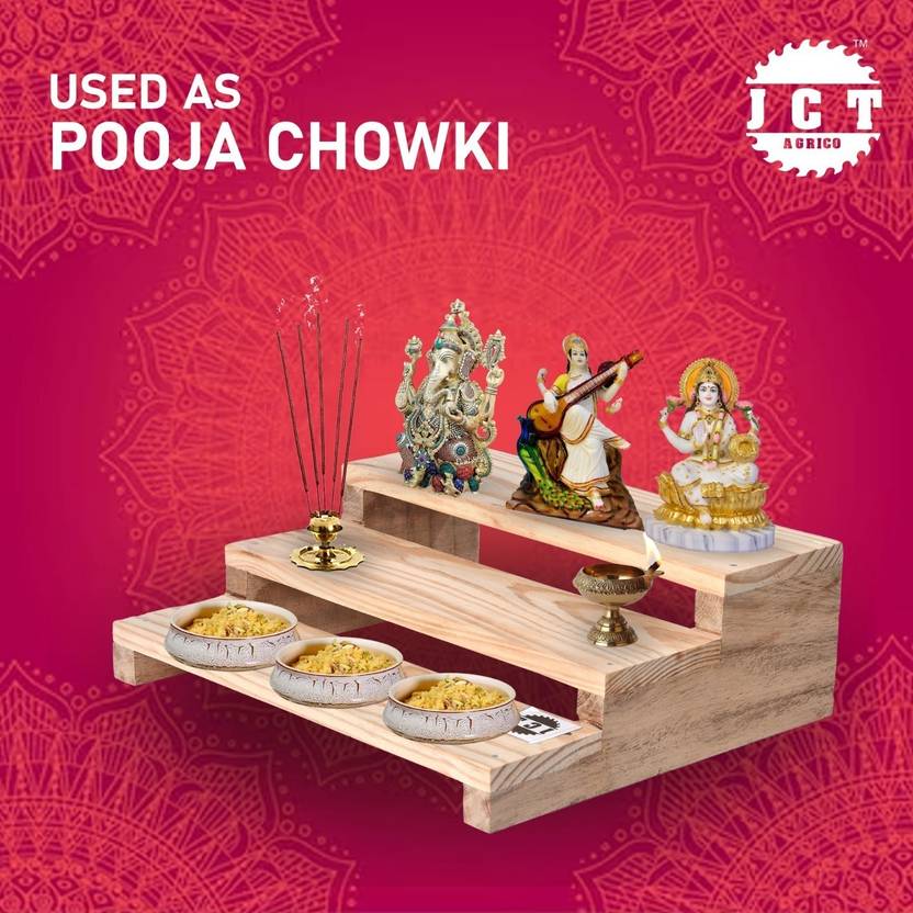 JCT AGRICO mini 3 step wooden pooja chowki(natural beautiful design ...