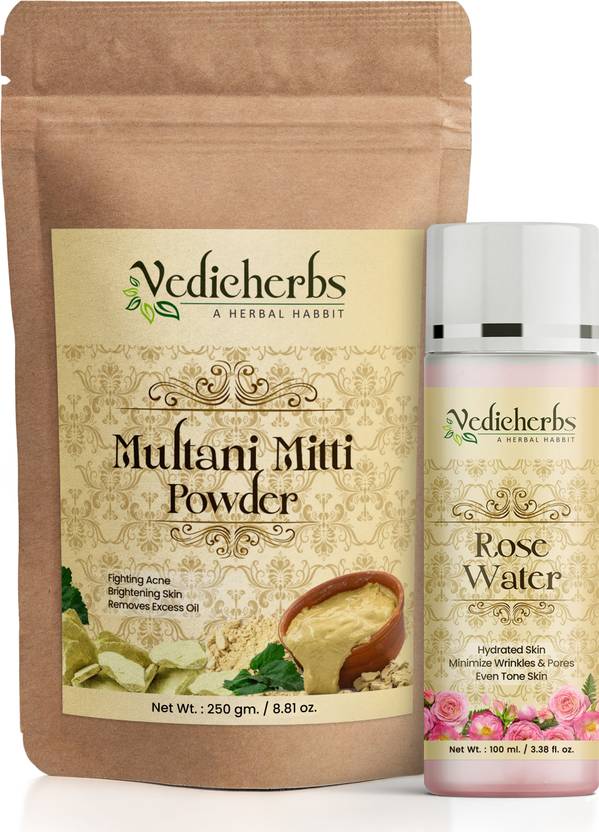 Vedicherbs Multani Mitti Powder with Rose Water for Glowing Skin (250gm ...