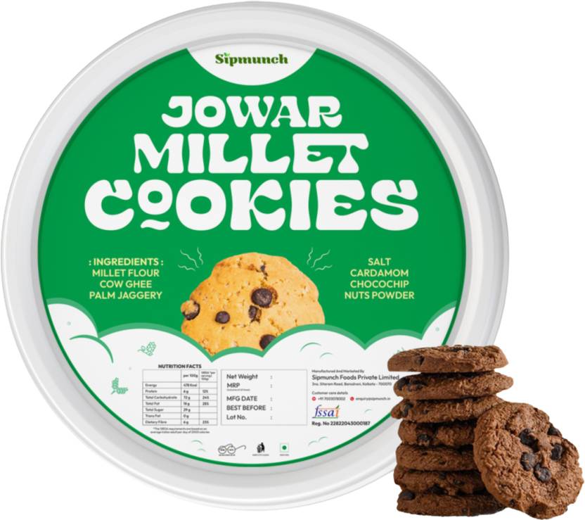 Sipmunch Jowar Millet Ghee & Palm Jaggery Choco chip Cookies | Gluten ...