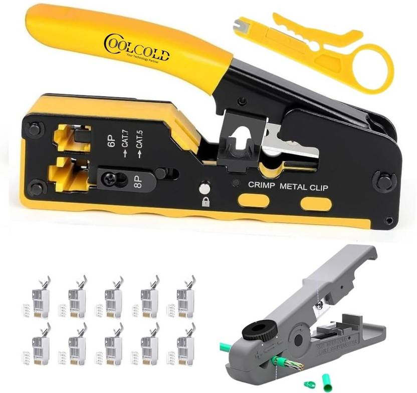 coolcold RJ45 Crimping Tool + Stripper, Cat5-Cat7 Crimper with 10 Cat7 ...