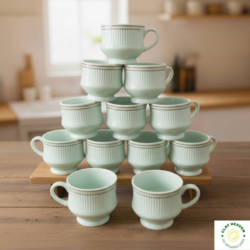 Clay heaven Pack of 12 Ceramic White Silver line Mona Cups Price in ...