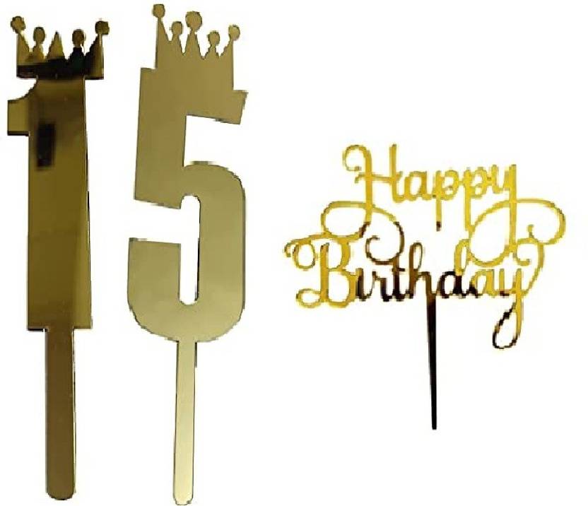 MOREL Gold NUMBER 15 CAKE TOPPER WITH HAPPY BIRTHDAY TOPPER FOR ...