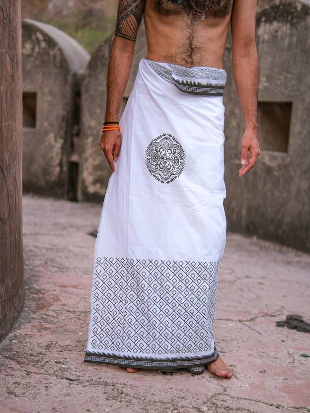 CRYSTALHEAL Aastha Men’s Dhoti in White | Green Block Border Cotton ...
