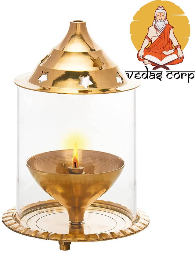 Vedas Corp Premium Brass & Glass Akhand Jyoti Oil Lamp Brass ...