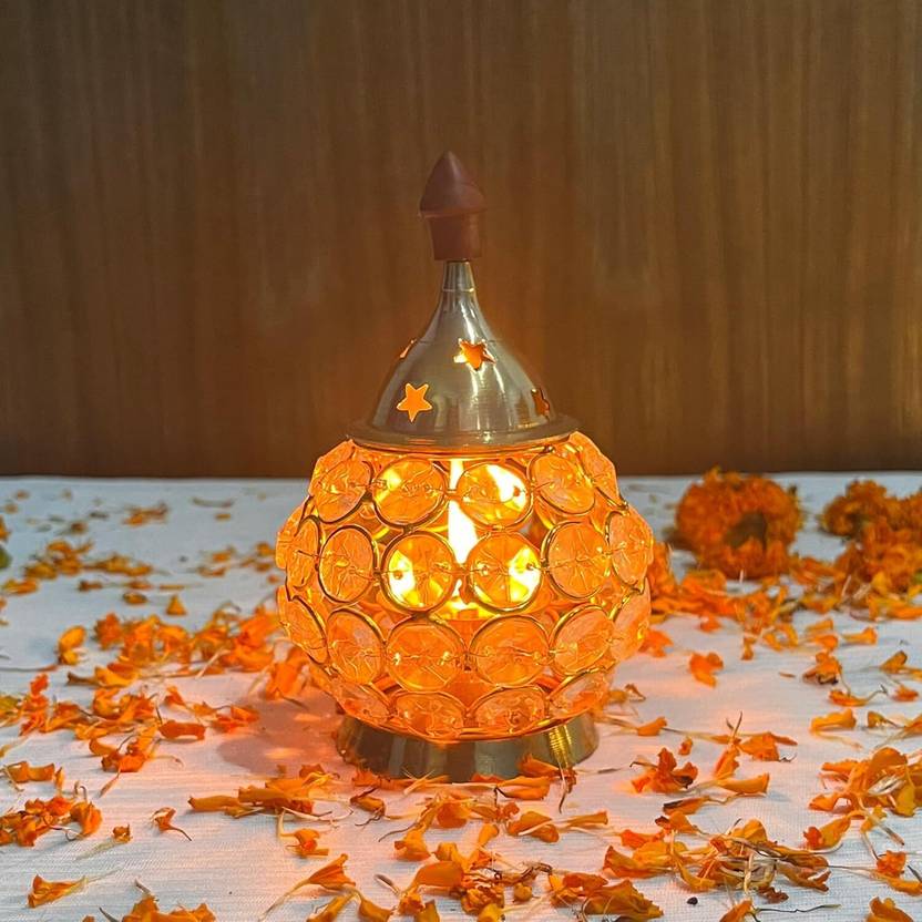 DARIDRA BHANJAN Brass Crystal Matki Akhand Diya / Crystal diya for ...