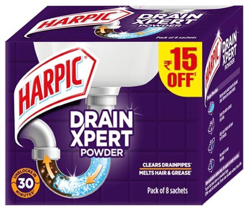 Harpic Drain Xpert Drain Cleaner Powder (50g x 8) | Effective Sink ...