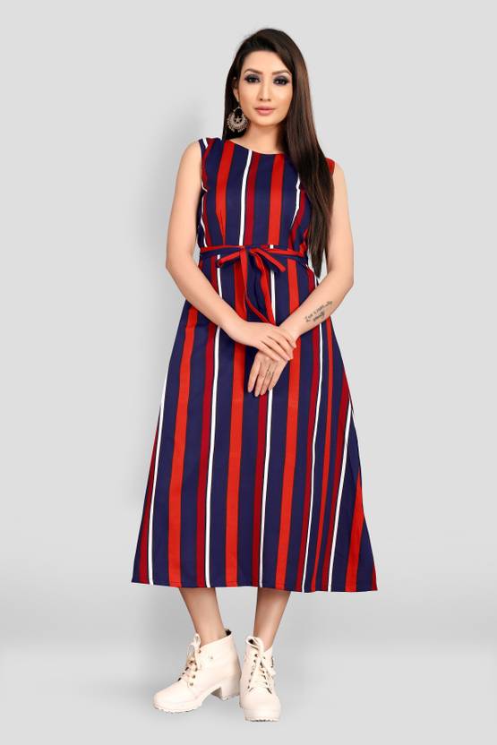 MAA FAB Women Fit and Flare Blue, Red Dress - Buy MAA FAB Women Fit and ...