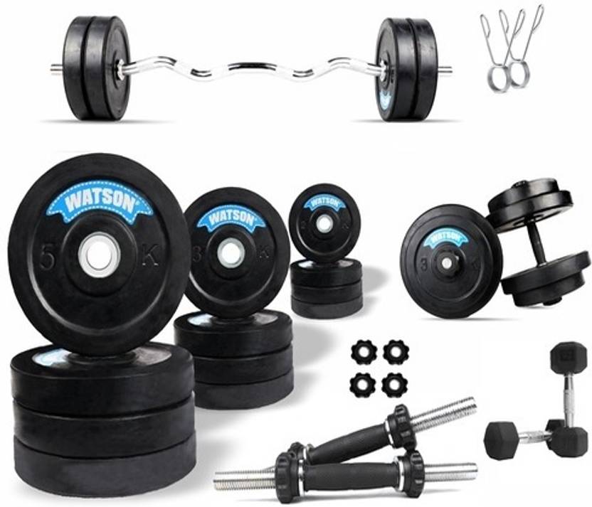 Watson Heavy Weight Rubber Plate+ Solid Steel Rods+Curl+Straight Rod,2 ...