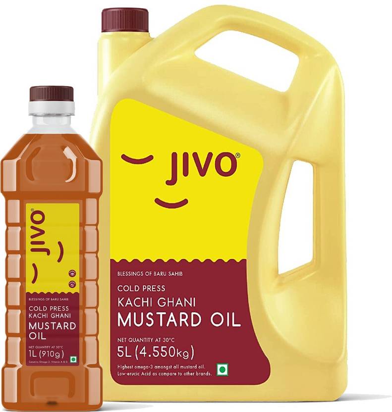 JIVO Premium Cold Pressed Pure Mustard Oil, 5 Litre + 1 Litre Mustard ...