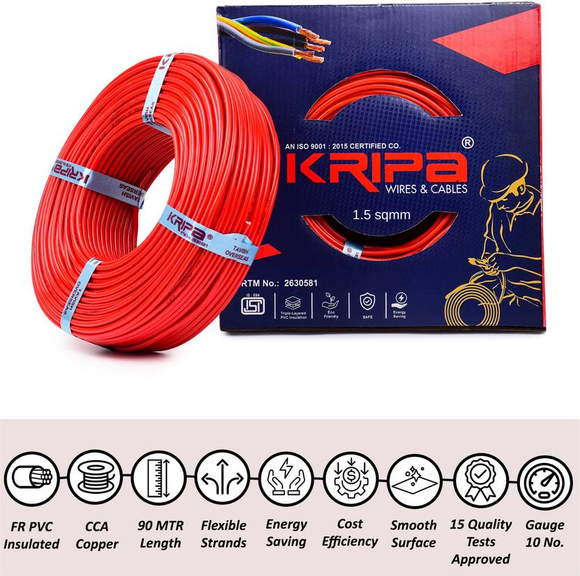 kripa 1.5 sqmm Copper Multi Strand House Fitting FR PVC Lite Electric Wire Cable 10No. 1.5 sq/mm ...