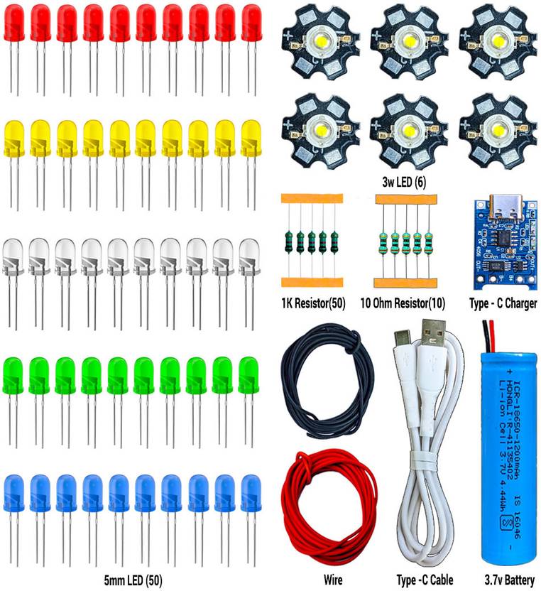 KLVXKEN 3.7v Battery,5mm led,1k resistor,3w led & other science project ...
