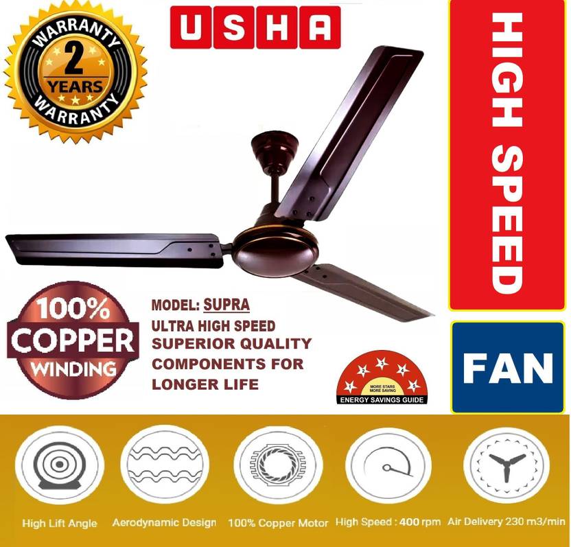 USHA INFINITY 100% COPPER ULTRA HIGH SPEED LONG LASTING DOUBLE BALL BREARING 1200 mm 3 Blade ...