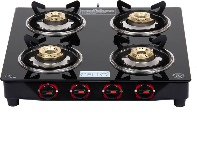 cello Regal 4 Burner Black Gas Cooktop,Toughened Glass, ISI Certified ...