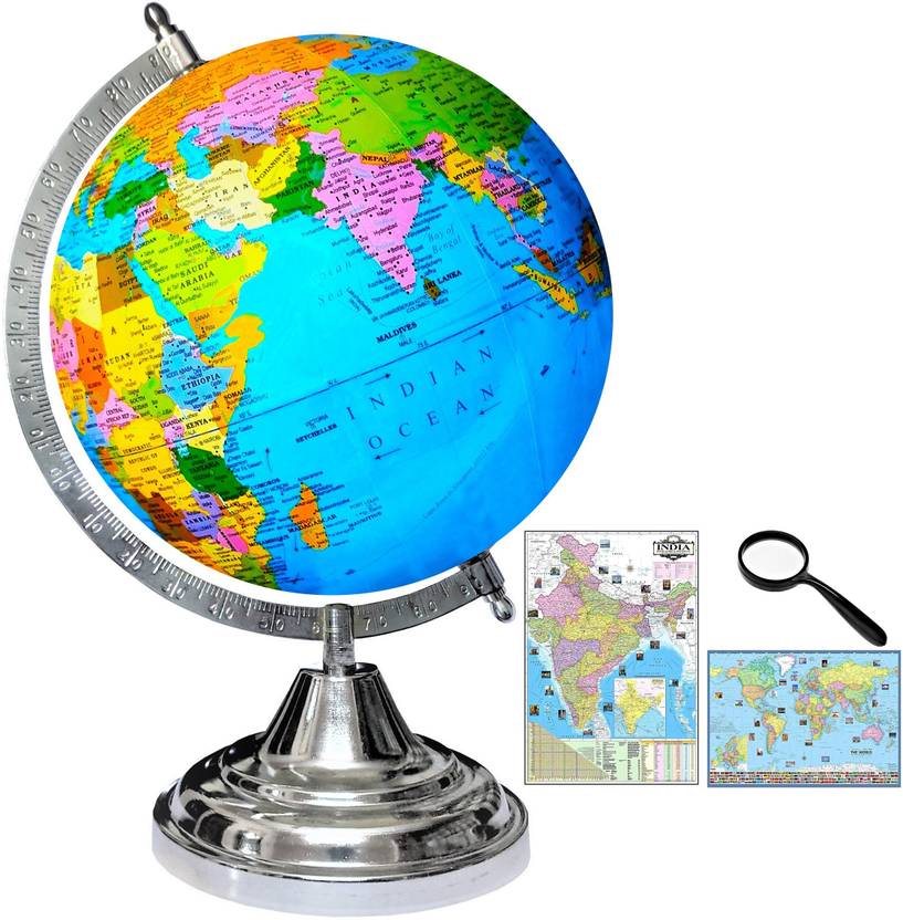 Savy 8 Inch Globe+50mm Magnifying Glass+India+World Maps Steel ArcBase ...
