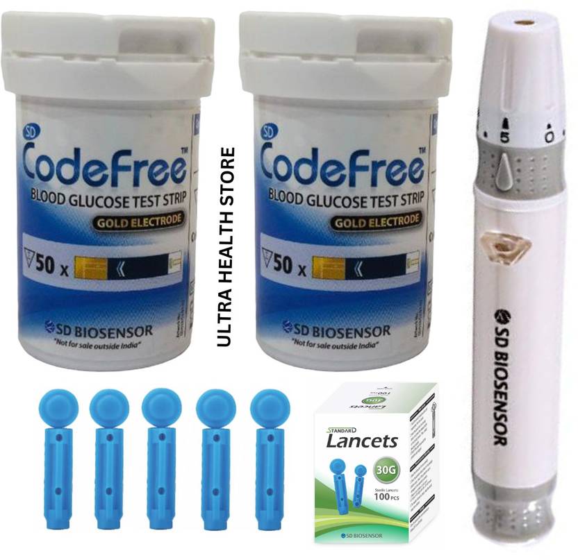 SD CODEFREE BLOOD GLUCOSE TEST STRIPS WITH 100 ROUND LANCET & 1 LANCING ...