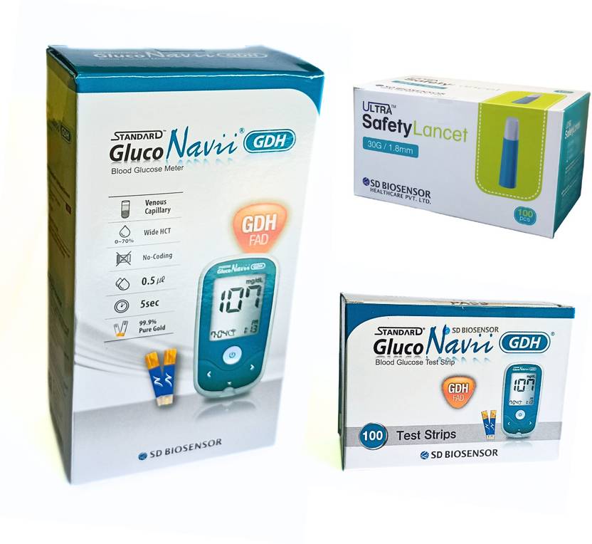 STANDARD Gluconavii GDH Glucometer with 100 Strips & 100 SD Biosensor Safety Lancet - Glucometer ...