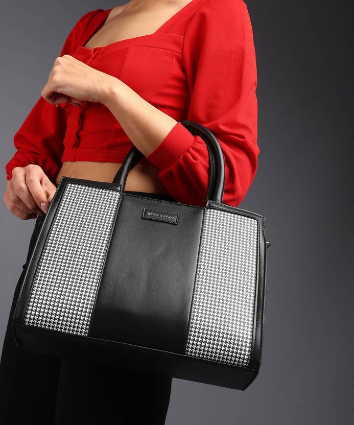 Buy United Colors of Benetton Women Black, White Hand-held Bag Black ...