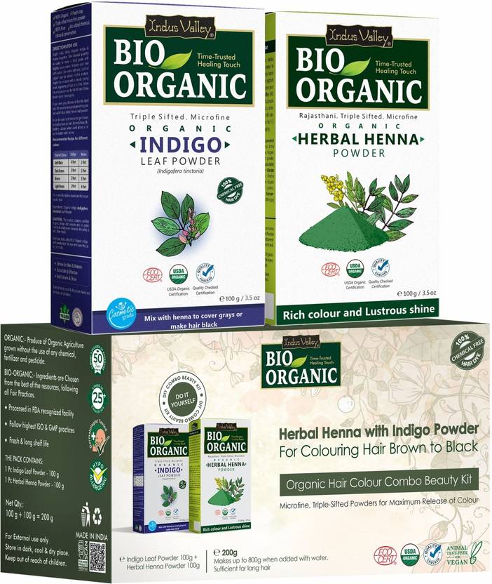 Indus Valley Bio Organic Indigo Powder and Henna Combo Pack For Black ...