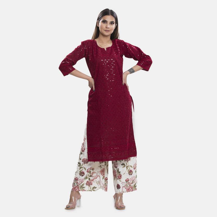 PKJJ Women Chikan Embroidery Straight Kurta - Buy PKJJ Women Chikan ...