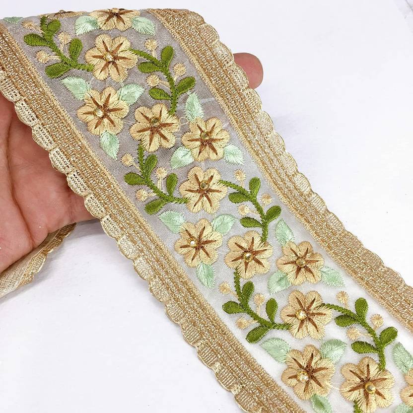 Lami 9 Meter Resham Embroidery Border Lace & Gold Lace Piping Lace Reel ...