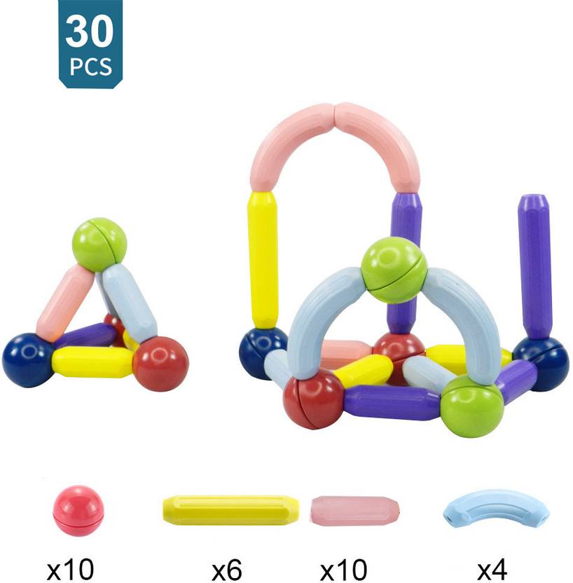 Playbox Magnetic Stick and Balls Set Different Sizes Curved Shapes(30 ...