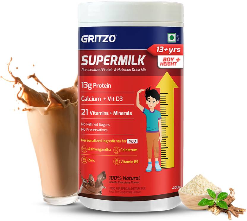 Gritzo SuperMilk Height+ (13+ Boys), 13g Protein (Double Chocolate ...