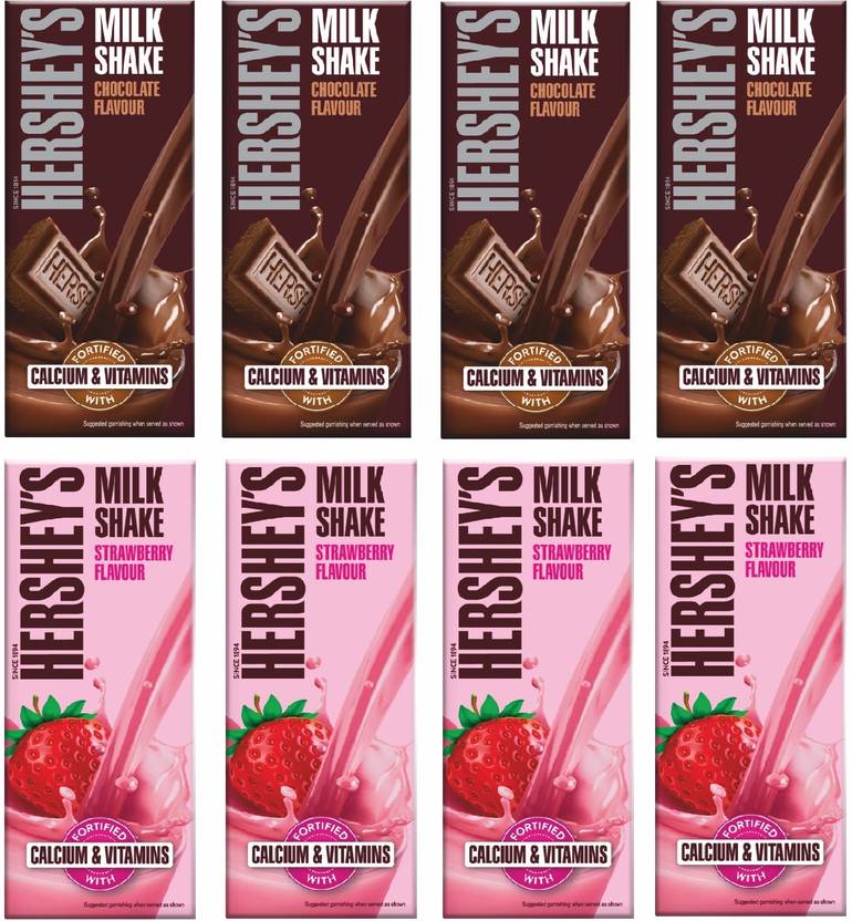 HERSHEY'S Milkshake Chocolate & Strawberry Flavour - Pack of 8 (180ml ...