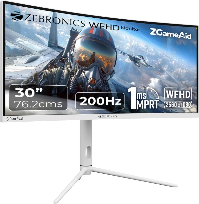 ZEBRONICS 76.2 cm (30 inch) Curved WFHD VA Panel with 300 Nits Brightness, HDR10, 99% sRGB, 95% ...