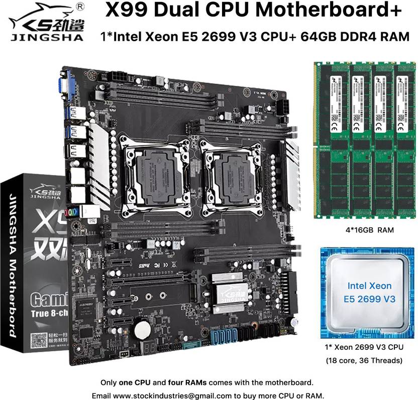 Zingsha X99 Dual CPU Motherboard with Intel Xeon 2699 v3 CPU and 64 GB RAM LGA 2011-v3Socket ...