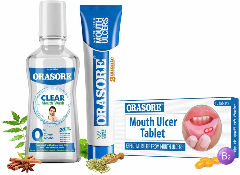 Orasore Oral Care Combo with Mouth Ulcer Gel, Tablets & Clear Mouthwash ...