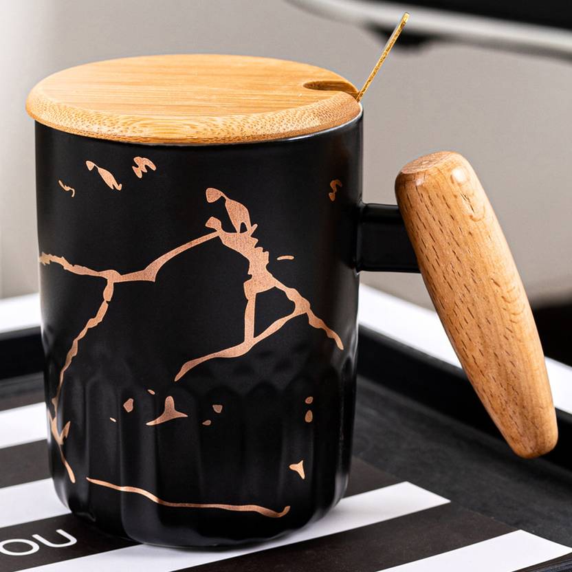 BONZEAL Ceramic Gold Inlay Black Marble Coffee Cup With Wood Lid And ...