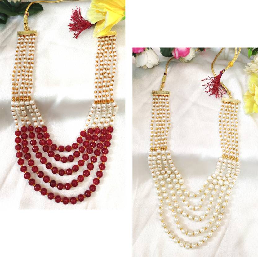 ElememtR White Red Combo Moti Mala For Men ,Groom ,(Dhulla) Women Girls ...