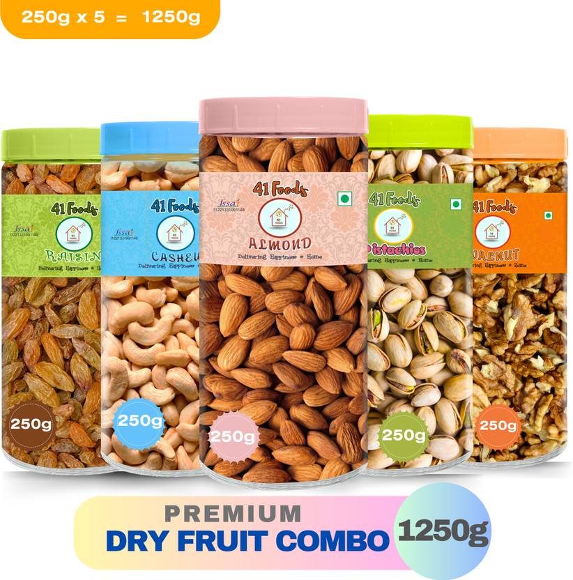 41 foods Dry fruits combo pack of Healthy 5 Badam Kaju Pista Kishmish Akhrot 1.25 KG Cashews ...