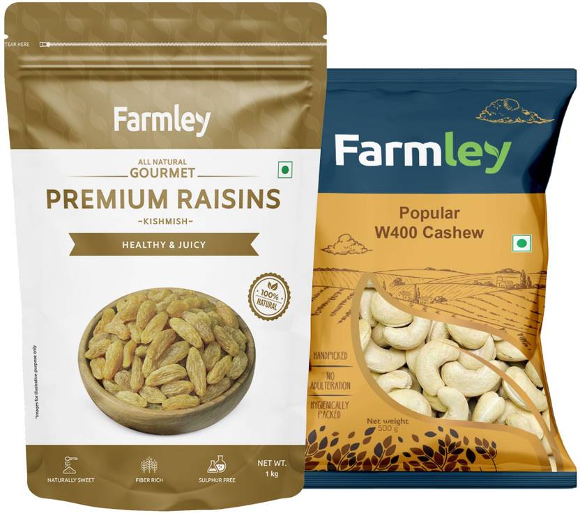 Farmley Popular W400 Cashews 500g, Premium Raisins 1kg Combo- 1.5 Kg ...