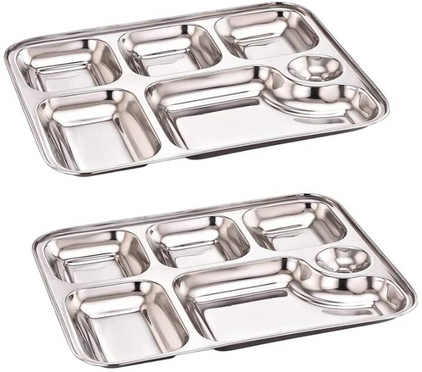 ZORROW MART Stainless Steel Rectangular Bhojan Thali Set/ 6 Compartment ...