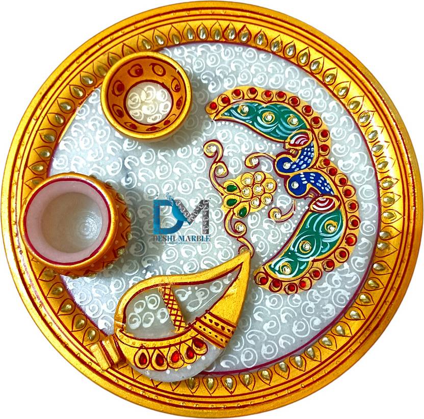PURE MARBLE Deshi Marble Pooja Puja Plate/Thali for Temple Mandir Arti ...