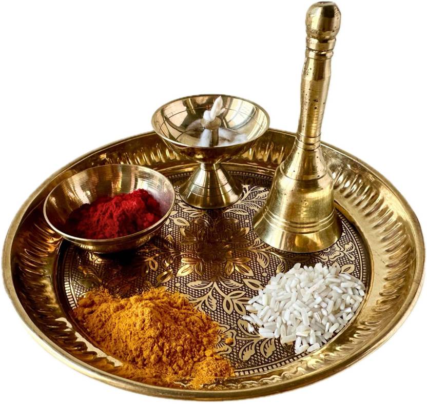 HMS Pooja Thali 8 Items Thali Diya Katori Ghanti, Free Haldi Kumkum ...